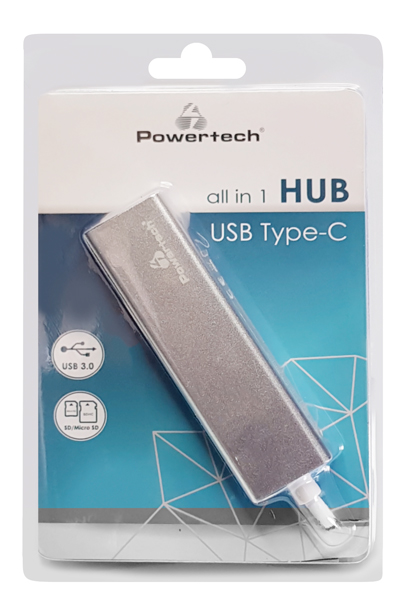 POWERTECH USB hub PT-926 με card reader 5x θυρών, 5Gbps, USB-C, ασημί | koupenelis